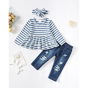 SODLON Baby Girl Clothes 12 18 Months Infant Winter Clothing 18 Months Girl Clothes Fall Toddler 12 Month Girls Clothes Ruffle Striped Top Ripped Denim Pants Jeans Outfits Sets for Girls Blue