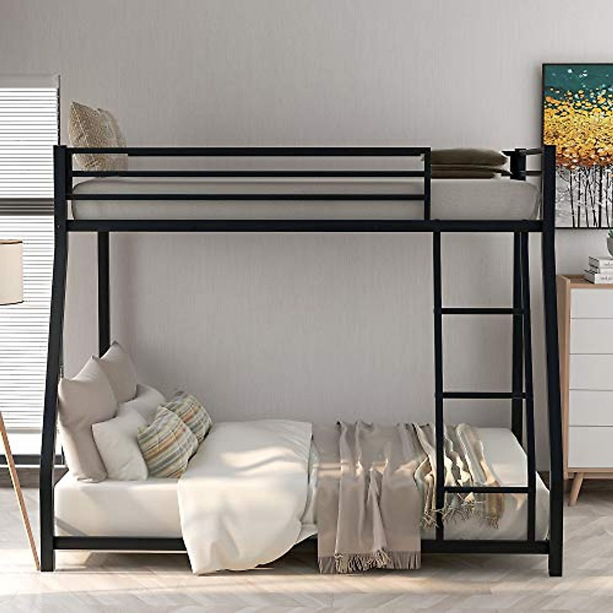 Low Bunk Beds Twin Over Full Size with Sloping Stair, Heavy Duty Bed Frame with Safety Guard Rails for Kids Teens Adults, No Box Spring Needed (Black)