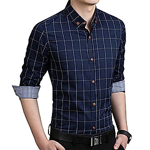 LOCALMODE Men's 100% Cotton Long Sleeve Plaid Slim Fit Button Down Dress Shirt,Navy Blue,Large