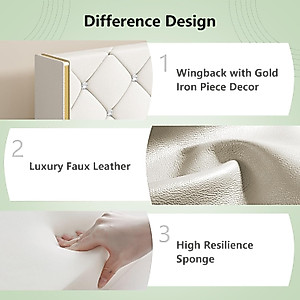 HOMBCK Queen Size Bed Frame with Diamond Headboard, White Upholstered Platform Queen Bed Frame Faux Leather with Gold Wingback, Strong Wood Slat Support, Easy Assembly, White