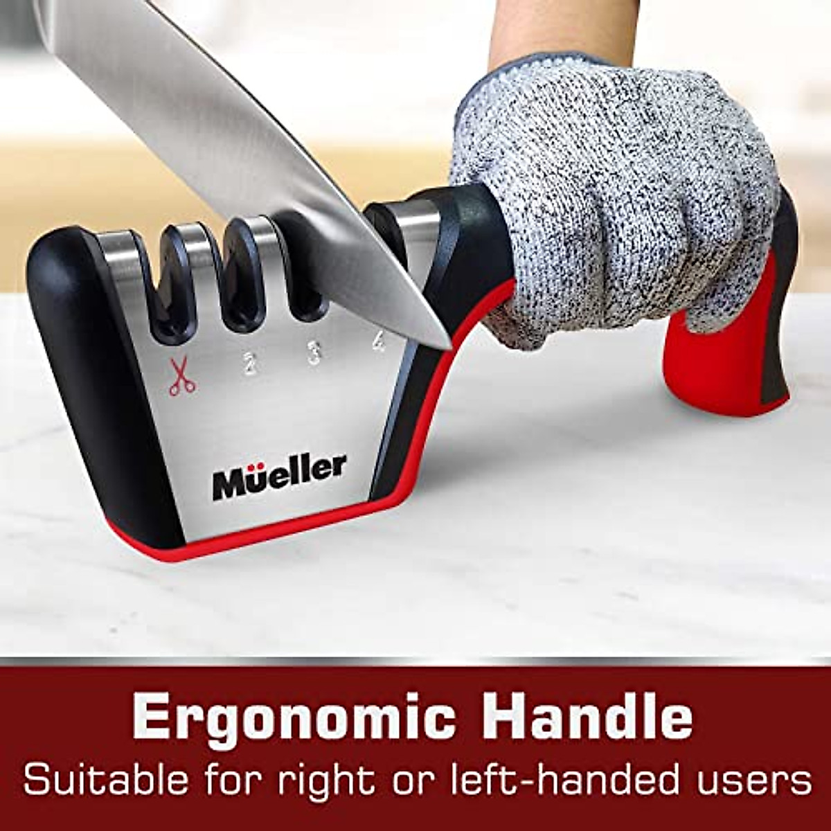 Mueller 4-in-1, 4-Stage Best Knife Sharpener for Hunting, Heavy Duty Diamond Blade Really Works for Ceramic, Steel Knives and Scissors