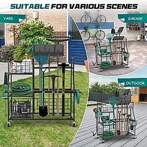 Rengue Garden Tool Organizer, 3 Tier Utility Yard Tool Organizer with Wheels, Large Garden Tool Storage Rack with Extra Storage Basket for Shed/Garage/Garden/Yard/Lawn
