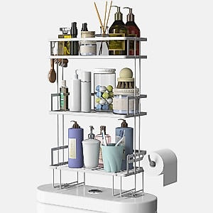 FLOLXNB Over The Toilet Storage,3-Tier Bathroom Organizer Shelves with Paper Holder, Multifunctional Toilet Rack,No Drilling Storage Shelf, Home Storage Space Saver Wall Mounting Design,White