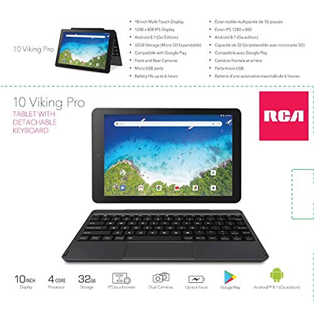 RCA Viking Pro 10" 2-in-1 Tablet 32GB Quad Core with Touchscreen and Detachable Keyboard Google Android 5.0