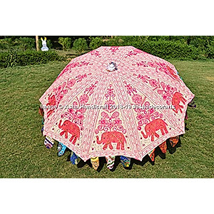 Asha Handicraft 72" Indian Handmade Embroidered Elephant Garden Umbrella, Large Outdoor Patio Parasols, Beach Umbrella Sun Shade Wedding Decorative Umbrellas (Large, White & Pink)