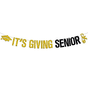 It's Giving Senior Banner, Congrats Grad/So Proud of You Sign- High School College Graduation Party Decoration Supplies, Black and Gold Glitter