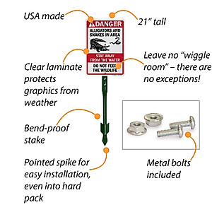 SmartSign 10 x 7 inch “Danger - Alligators And Snakes In Area - Do Not Feed Wildlife” Yard Sign with 18 inch Stake, 40 mil Laminated Rustproof Aluminum, Red/Black on White, Set of 1, Made in USA