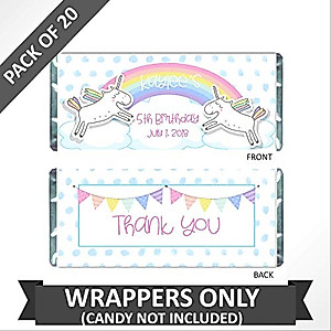 Pastel Rainbow Unicorn Birthday Personalized Candy Bar Wrappers for Chocolate Party Favor, Hershey Bar Labels, Pack of 20