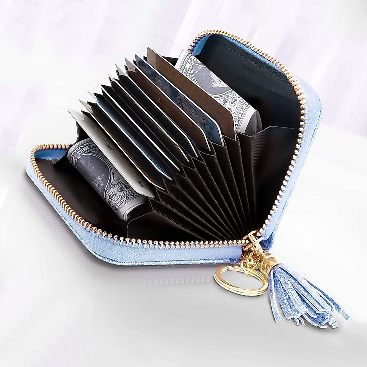 ENYISDAN Blue Small Wristlet Wallets for Women Glitter FRID Leather Credit Card Holder Wallets for Ladies Girls Short Purse