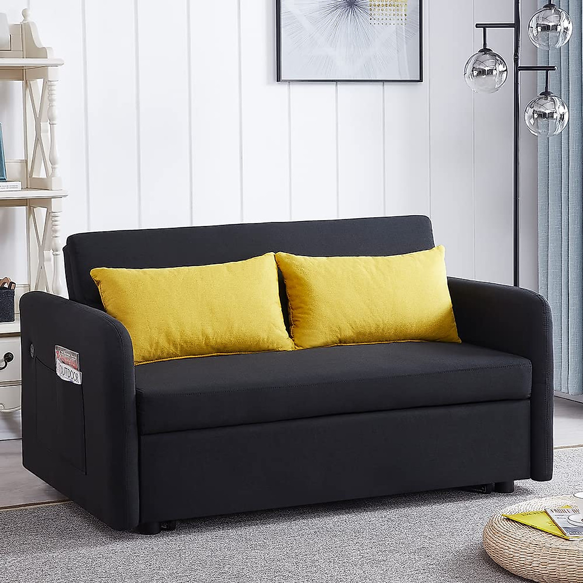 HABITRIO Modern 55.5" Pull Out Sleep Sofa Bed 2 Seater Loveseats Sofa Couch with Adjsutable Backrest,USB Port Charging and 2 Lumbar Pillows for Apartment Office Living Room