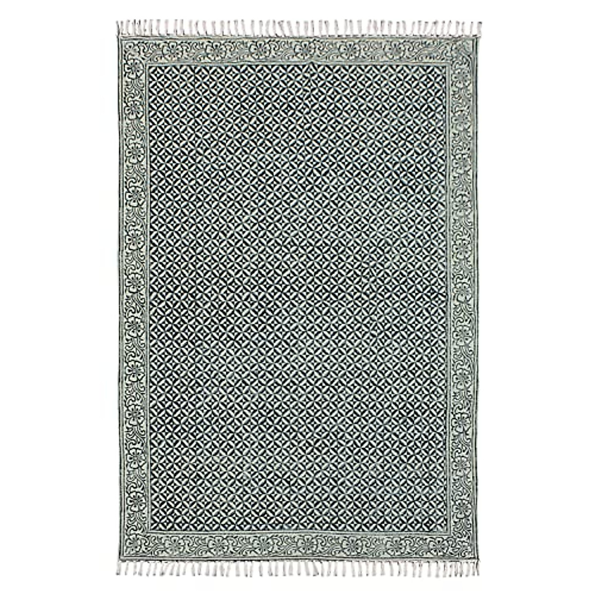 Casavani Hand Made Cotton Dhurrie Floral Blue & Beige Tassel Rug Easy Care Washable Rugs for Doormat Entryway Living Room Bedroom Hallway Balcony 12x15 Feet