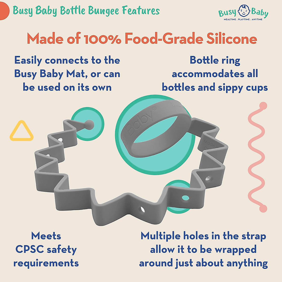 Busy Baby Bottle Bungee - Sippy Cup Strap - Keep Bottles and Sippy Cups Off The Floor - Great for Babies, Toddlers and Kids - Food Grade Silicone - Dishwasher Safe - Pewter