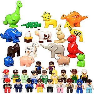 Constructive Playthings OX-37 Preschool Sized Interlocking Bricks Accessory Set Featuring People, Dinosaurs and Animals