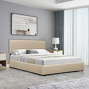 Queen Size Upholstered Linen Platform Bed with Hydraulic Storage System,Gas Lift Up Storage Platform Bed Frame with Headboard and Wooden Slat Supports for Bedroom Furniture (Queen, Beige-02)