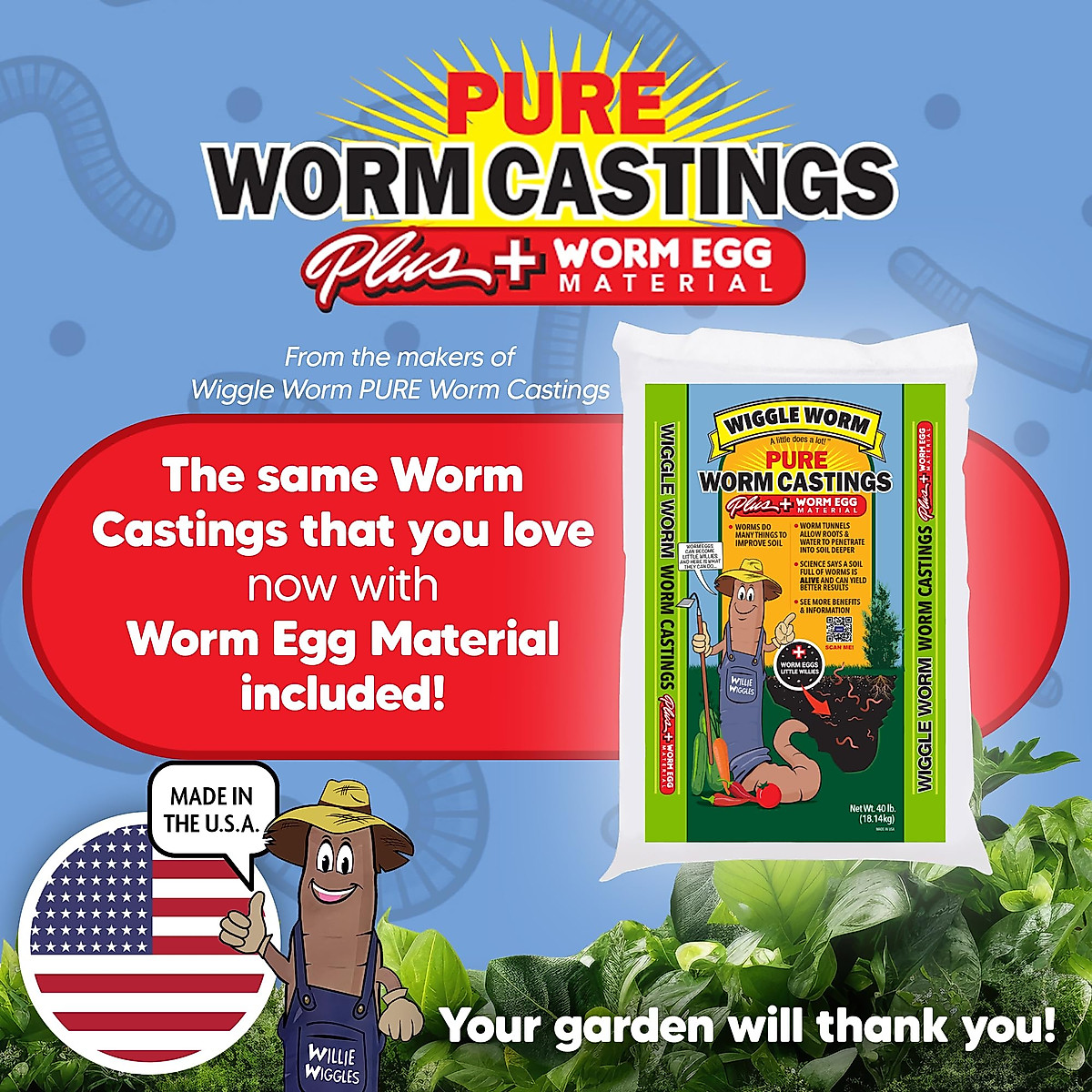 WIGGLE WORM Castings Plus Worm Egg Material, 40-Pounds - Fertilizer for Houseplants, Vegetables, and More - Earthworm Castings to Help Improve Soil Fertility and Aeration
