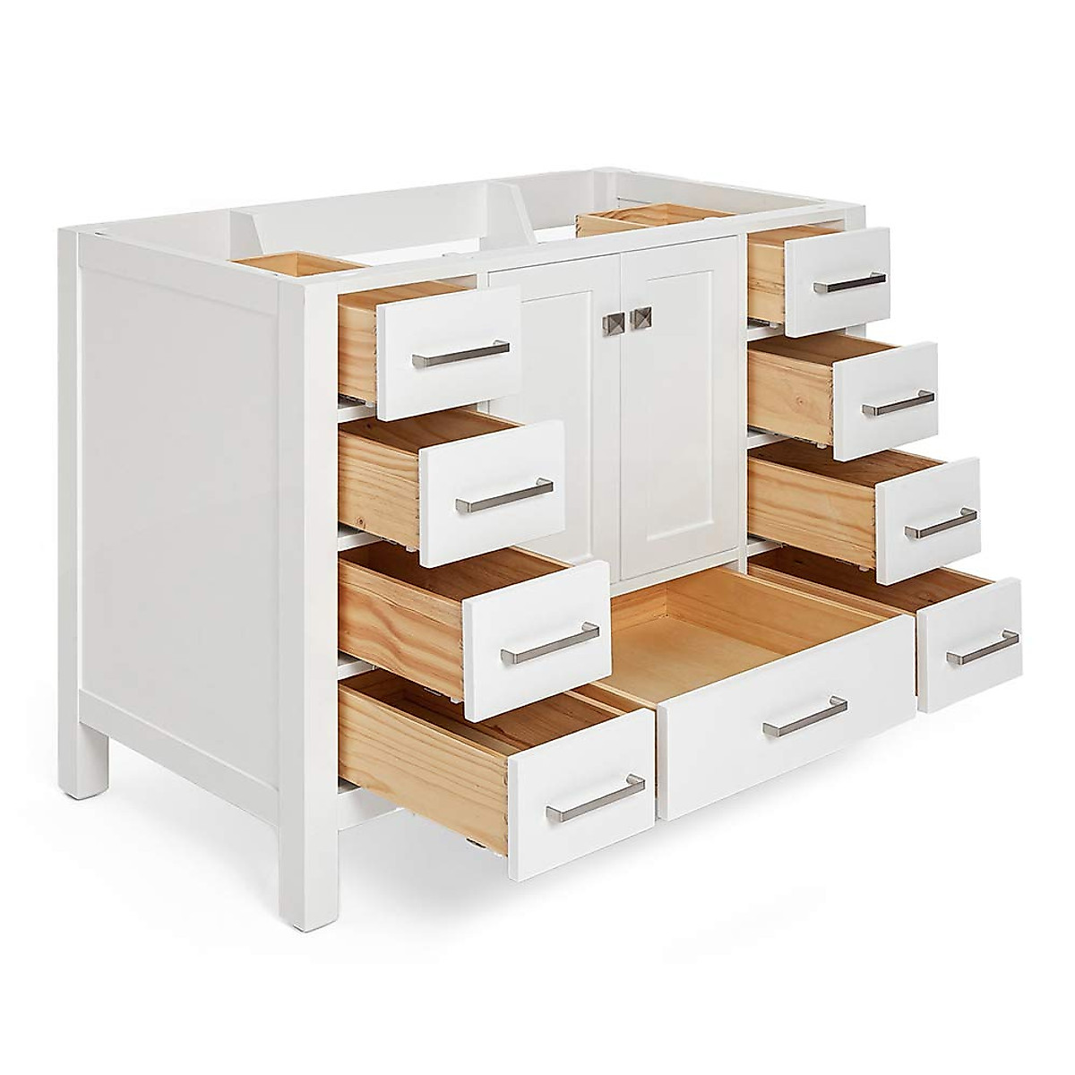 ARIEL 48" White Bathroom Vanity Base Cabinet, Single Sink Configuration, 2 Soft Closing Doors, 9 Full Extension Dovetail Drawers, Brushed Nickel