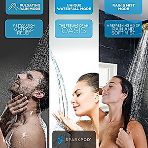 SparkPod 5 Inch 9 Spray Setting Shower Head - Handheld High Pressure Jet with On/Off Switch, Pause and Waterfall Setting- Premium ABS Removable Handheld Shower Head with Hose (Gold)