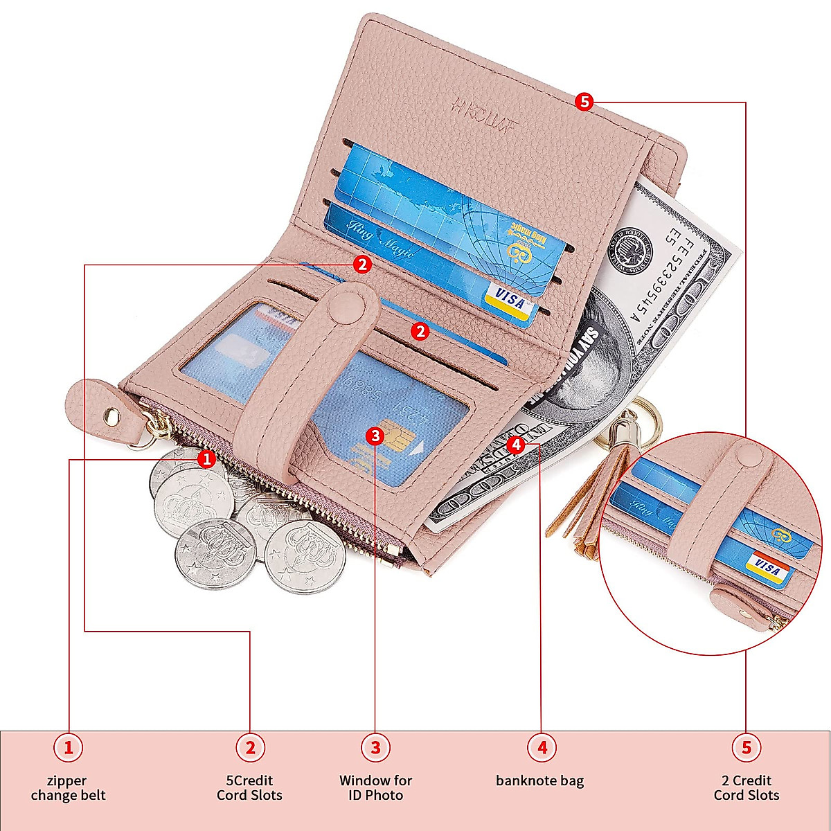 HKCLUF Small Wallets for Women,RFID Blocking Wallet Women,Bifold Slim Card Holder Zipper Coin Pocket With Tassel Keychain(Pink)