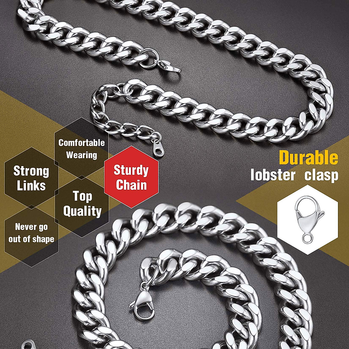 Mens Necklace Cuban Chain Choker 12mm 14inch Stainless Steel Choker Neck Chains for Men