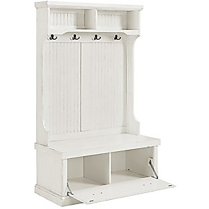 Crosley Furniture Seaside Hall Tree, Entryway Bench with Coat Rack and Shoe Cabinet, Distressed White