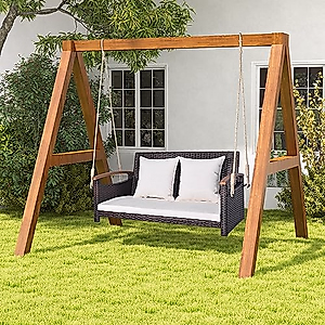 Tangkula Patio Rattan Porch Swing, 2-Person Hanging Chair with Seat & Back Cushions, Reinforced Metal Frame & 2 Hanging Hemp Ropes, Wicker Woven Swing Loveseat for Backyard, Front Porch (Off White)