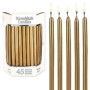 Drip Less Hanukkah Candles 5.75" Tall Metallic Gold Candle Set of 45 Enough for 8 Nights Fits Standard Menorah Decorative Candles for Parties, Birthday, Weddings, Holiday Decorations by Aviv Judaica