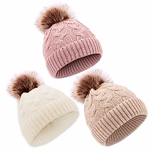 DANMY Baby Beanie Hat, Infant Newborn Toddler Winter Warm Knit Cap for Little Boys Girls, Winter Warm Hat (6-36 Months, white/beige/pink-3PCS)