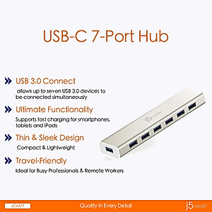 j5create USB Type-C to 7-Port USB 3.0 Data Hub with 3 ft Extended Cale [20W Power Adapter Included] for Mac, MacBook, Windows, Laptop, Surface, XPS, Chromebook, PC (JCH377)