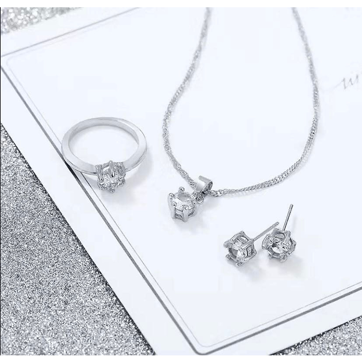 Bynetta Women 3 Pairs Jewelry Set 925 Sterling Silver Chain Necklace Earrings and Ring for Women for Party (3 Pcs White Gold)