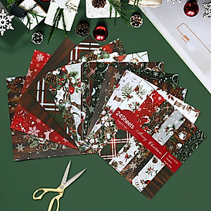 PUIKSXER 6"x6" Merry Christmas Scrapbook Paper Pad, 24 Sheets Plaid Snowflake Deer Pinecone Wood Texture Pattern Paper Single-Sided Holiday Craft Paper for Junk Journal Card Making Album Party Decor