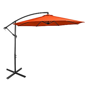 Tangkula 10 FT Patio Offset Umbrella with 8 Ribs, Outdoor Cantilever Umbrella with Cross Base and Crank, Market Hanging Umbrella for Garden, Poolside and Backyard (Orange)