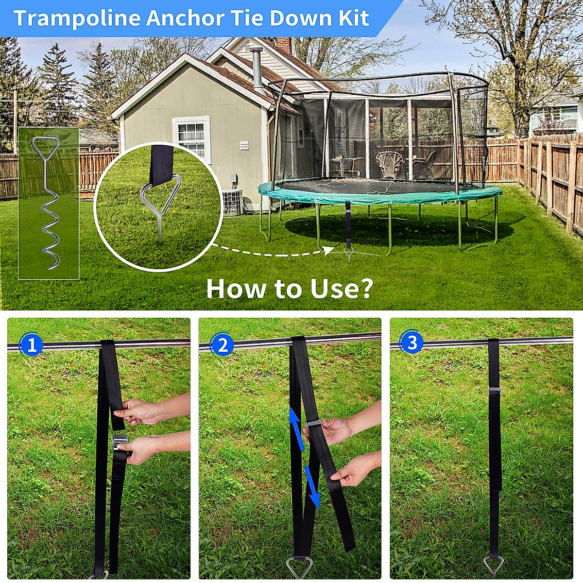 Uekars Trampoline Stakes, Corkscrew Shape Trampoline Anchor kit Steel Spiral Stakes,Heavy Duty Trampoline Parts Tie Down Kit Ground Wind Stake with Belt Straps for Trampolines Tents Swing Set of 4