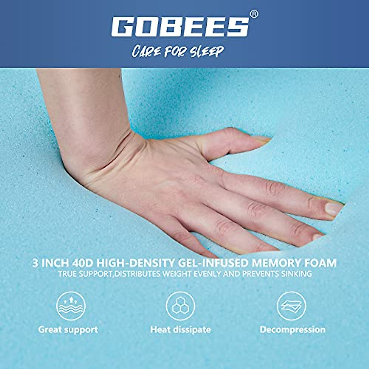GOBEES 3 Inch Gel Memory Foam Mattress Topper King Size, High Density Cooling Pad Removable Fitted Bamboo Fiber Cover Ventilated Design, Comfort Body Support & Pressure Relief