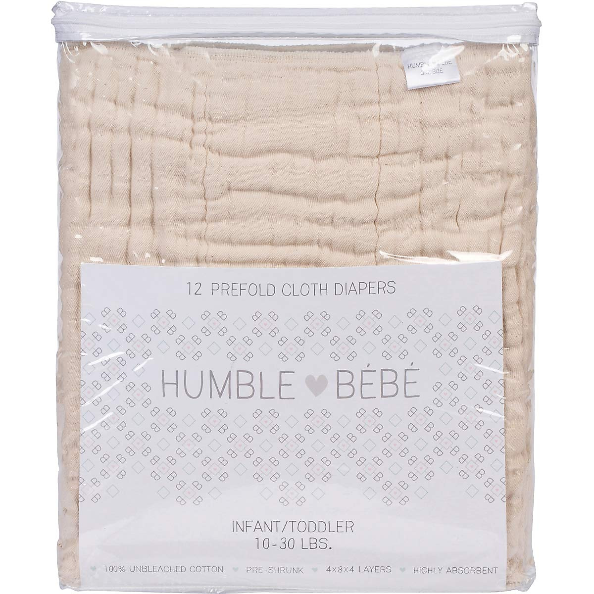 Humble Bebe Prefold Cloth Diapers - 12 Pack - Unbleached Premium Cotton, 4x8x4, Pre-Washed, Fits Newborn Babies to Toddlers (10-30 lbs), Multi-Use