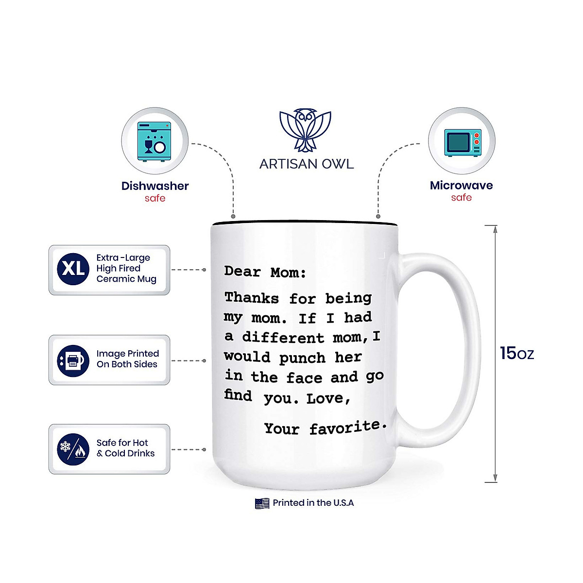 Artisan Owl Dear Mom, I'd Punch Another Mom In The Face Mug - 15oz Deluxe Double-Sided Coffee Tea Mug (White/Black Inlay)