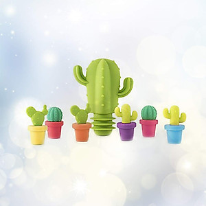DOITOOL Wine Glass Charms Markers, 7 Pcs Silicone Wine Bottle Stopper Cactus Shaped Champagne Stopper Food Grade Beverage Closures Bar Preservation Tool Random Color
