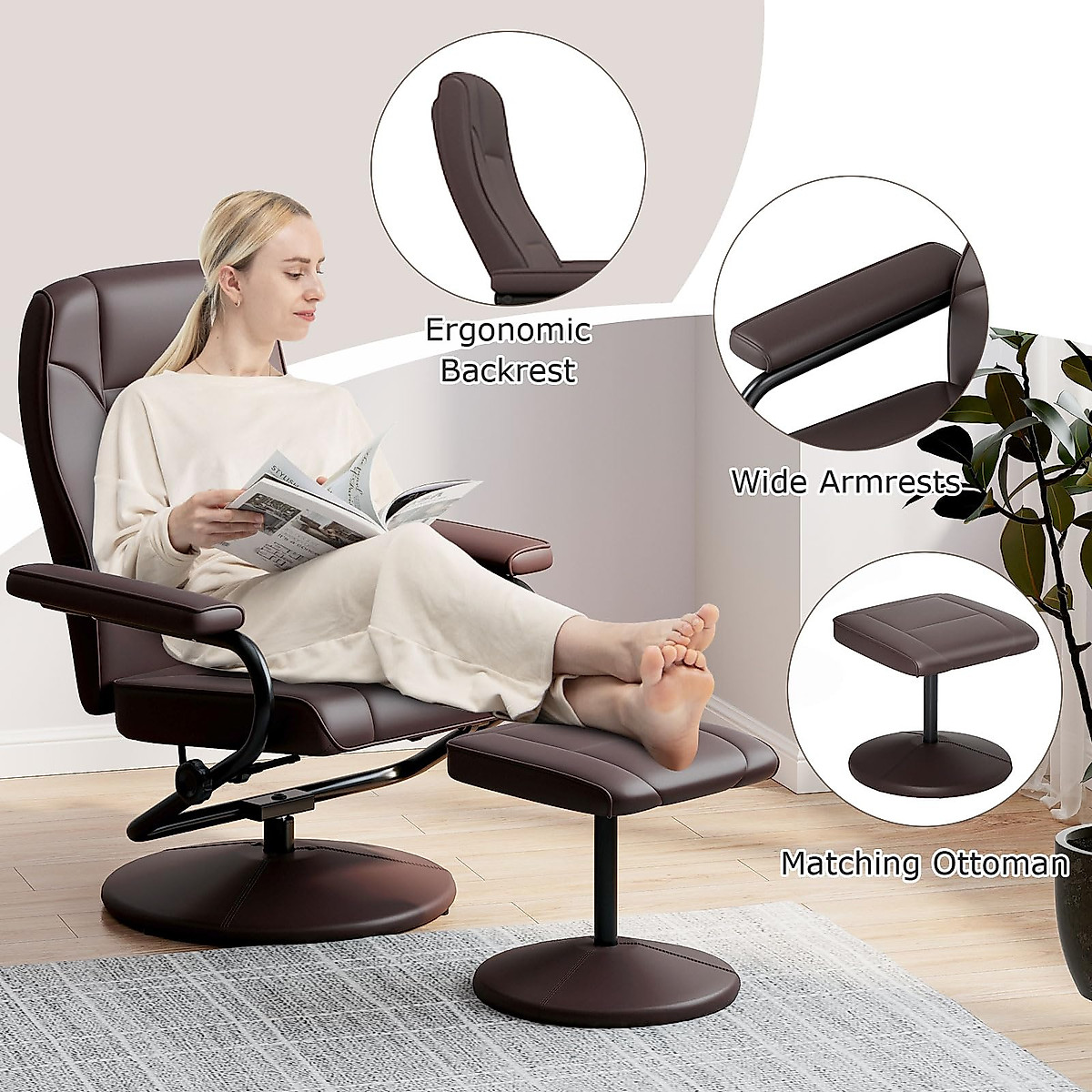 Giantex Recliner Chair with Ottoman, 360° Swivel Faux Leather Reclining Chair w/Adjustable Backrest, Footrest, Sturdy Metal Base, Upholstered Armchair for Living Room Bedroom Study, Office, Brown