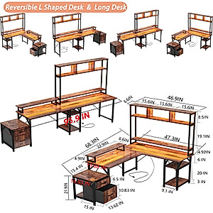 SZXKT L Shaped Desk with Drawers,Corner Desk with Storage,Gaming Desk with Power Outlet,L Desks for Home Office with Monitor Stand and LED Lights, Desk with Shelves and Bookshelf,Rustic Brown