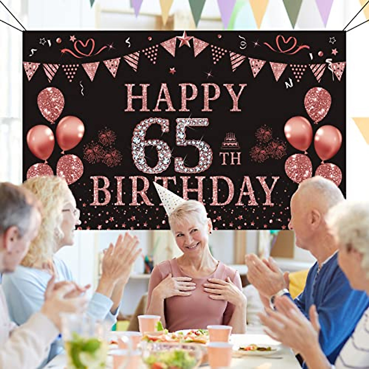 Trgowaul 65th Birthday Decorations for Women 65 Year Old Rose Gold Birthday Backdrop Banner 5.9 X 3.6 Fts Happy Birthday Party Suppiles Photography Supplies Background Happy 65th Birthday Decoration