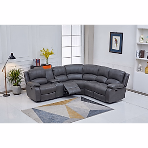 Betsy Furniture Bonded Leather Sectional in Multiple Colors, Sectional with 3 Reclining Seats, Console (Grey, Left Console Sectional)