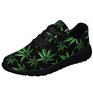 Marijuana Print Pot Leaf Weed Shoes - Men Women Lightweight Breathable Cannabis Running Sneakers, Sport Athletic Tennis Shoes, Stoner Gift Black Size 10.5