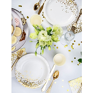 Party Chic 50 Count 7” Inch White and Gold Paper Plates Fancy Paper Plate Dessert Plates New Years Disposable Plates 50th Anniversary Thanksgiving Christmas Holiday