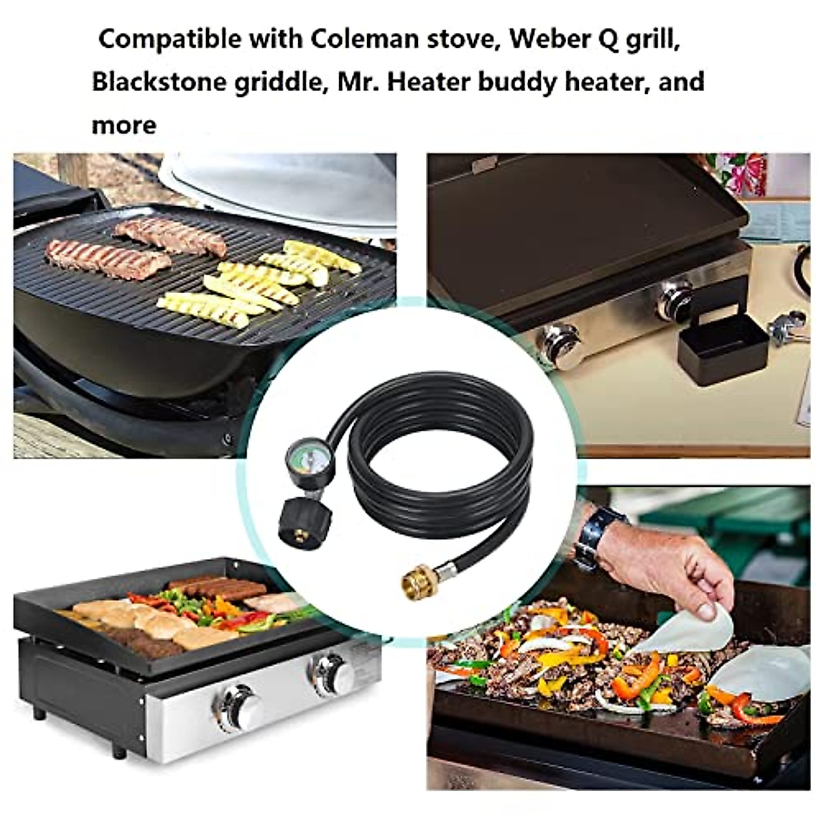 ATKKE Propane Hose Adapter 1lb to 20lb with Gauge, 4FT Propane Tank Grill Adapter Converter for Weber Q Grill, Mr. Heat Propane Heat, Blackstone 17/22‘’ Griddle, Coleman Camping Stove and More