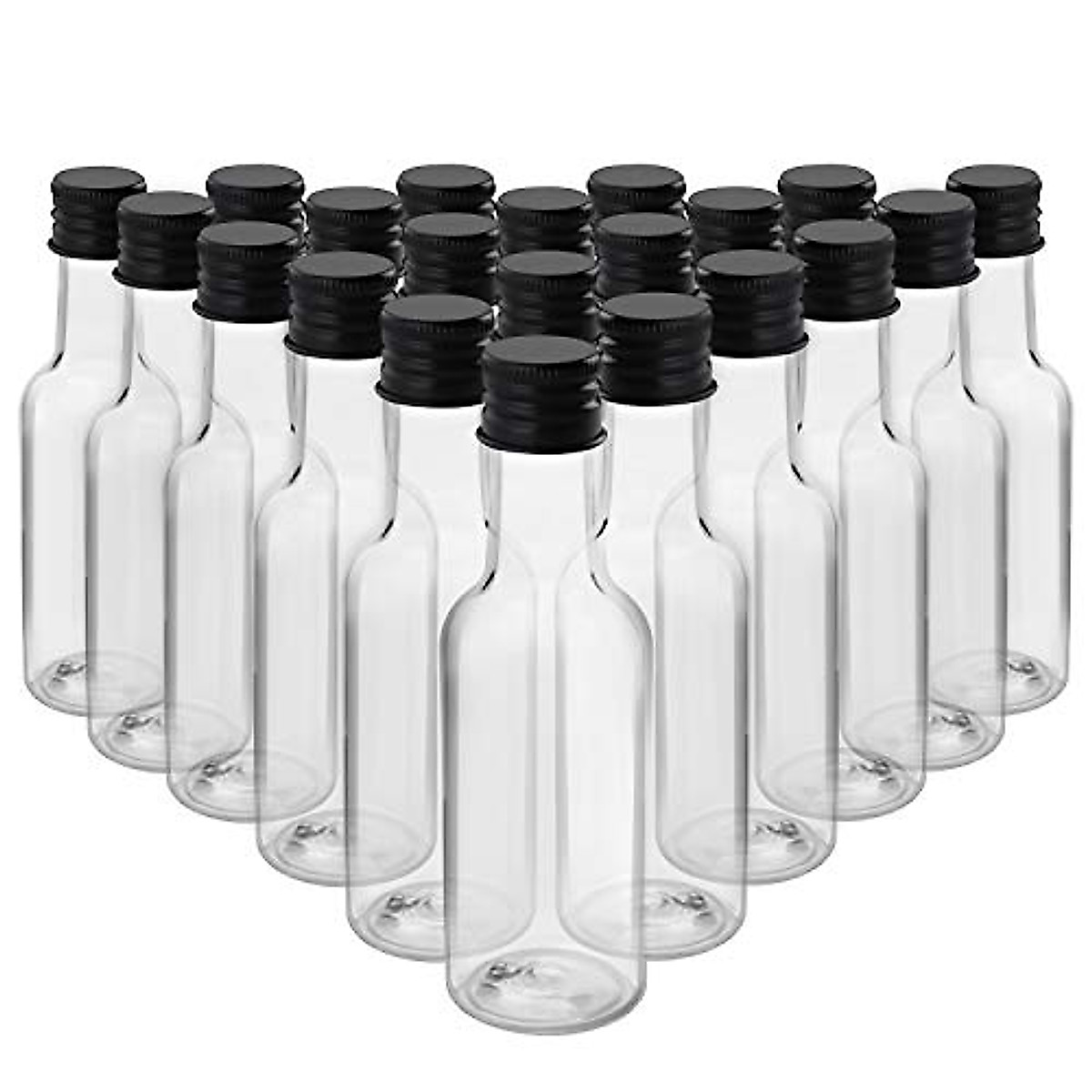 Belle Vous Mini Liquor Bottles (24 Pack) - Reusable Plastic 50ml (1.7 fl oz) Empty Spirit Bottle with Black Screw Cap, Liquid Funnel for Easy Pouring, Filling - Miniature Bottles for Weddings, Parties