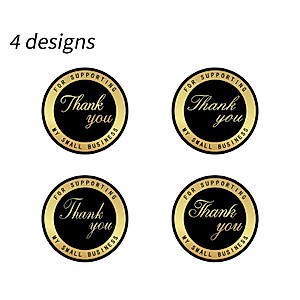 Mercei Thank You Stickers with Black Background and Wide Matte Gold-foil Ring; 4 Elegant Handwriting Font Designs; 500 pcs Classic Round Adhesive Labels per Roll; Wide for Personal and Business Use