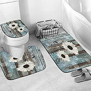 AZHM White Daisy Flower Shower Curtain Sets with Rugs 4 Piece Rustic Flower Floral Wood Panel Bathroom Decor Set with Non-Slip Rugs Toilet Lid Cover and Bath Mat Farmhouse Bathroom Shower Set