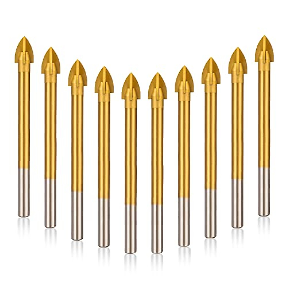 10-Piece Masonry Drill Bits Kit, Titanium Coated Glass Carbide Drill Bits Set for Concrete, Stone, Cutting Edges Cross Spear Head Drill for Glass, Brick, Tile, Plastic, Ceramic and Wood