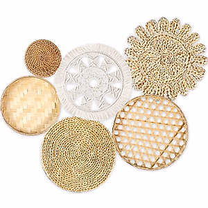 6 Pcs Rustic Hanging Boho Flat Woven Farmhouse Rattan Wall Decor Wall Basket for Living Room Bedroom Decoration