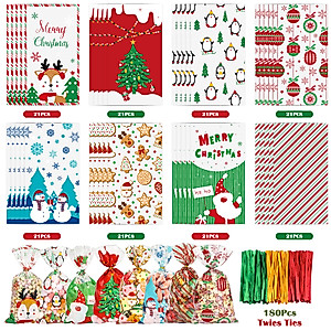 Moretoes 168pcs Christmas Candy Bags Treat Bags Cellophane Bags with 180pcs Twist Ties 8 Assorted Styles Treat Reindeer & Christmas Ball Pattern Snack Goodie Bags for Christmas Party Supplies