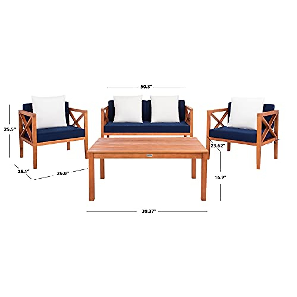 Safavieh PAT7031E Collection Nunzio Teak 4 Pc Accent Outdoor Set, Natural/Navy + Solid Pillow